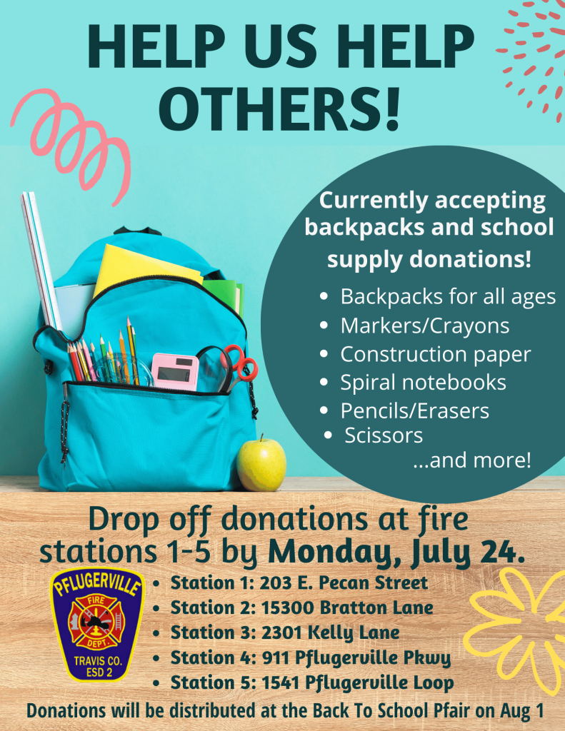 Backpack and School Supply Drive « Pflugerville Fire Department ESD 2